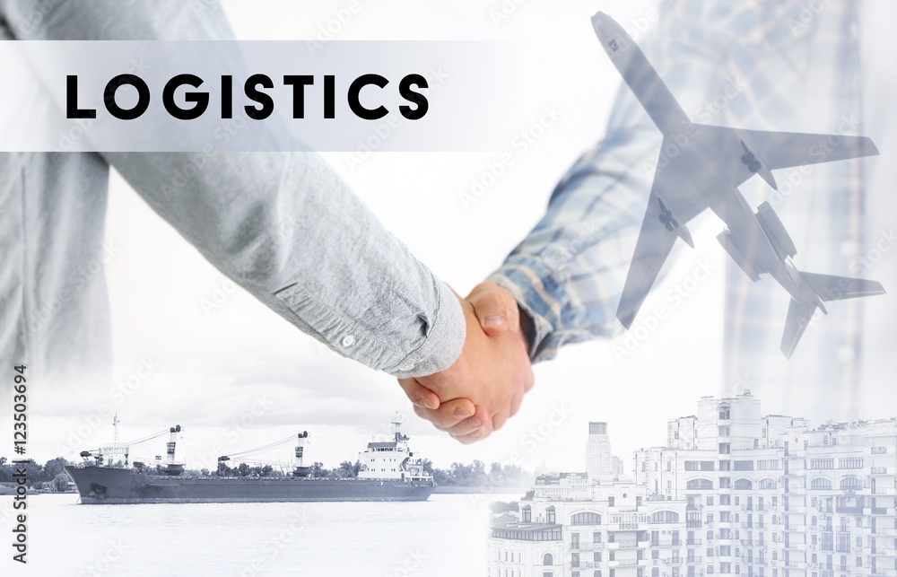 Logistics concept. Double exposure. Men shaking hands and plane with ...
