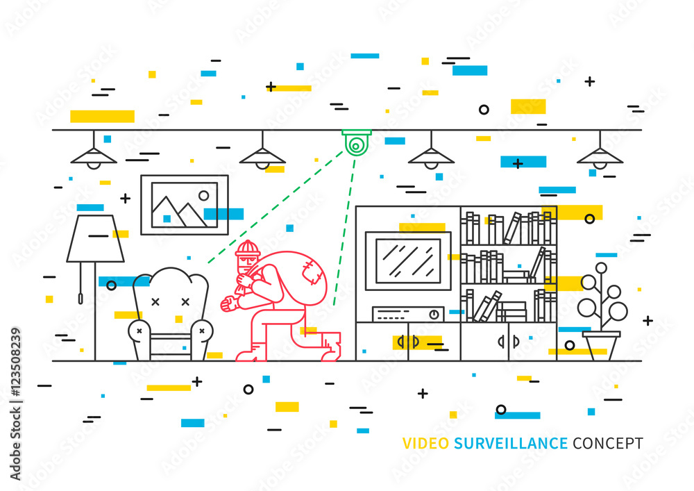 Thief (robber) in apartment vector illustration. Video camera ...