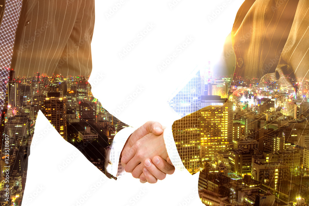 Hand shake business on city background success illustration. Stock ...