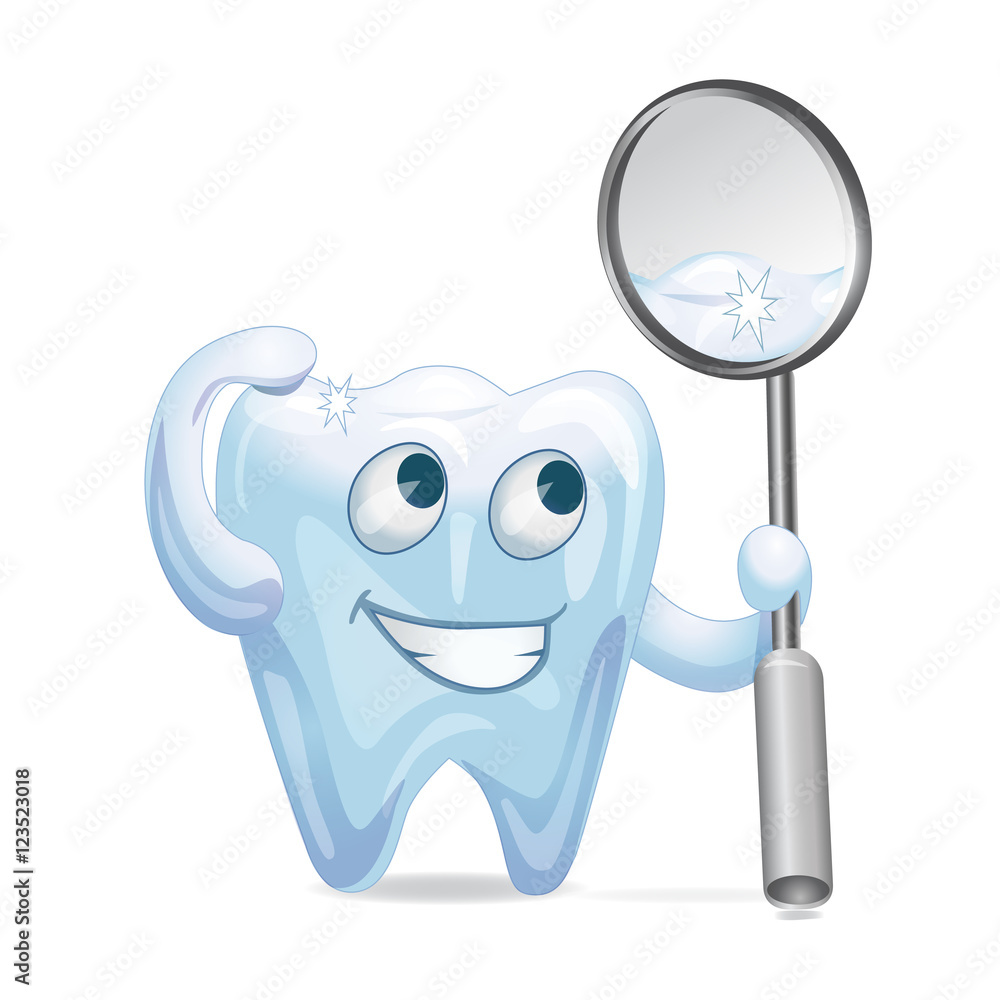 cartoon tooth is smiling and and looks at himself in the mirror Stock ...
