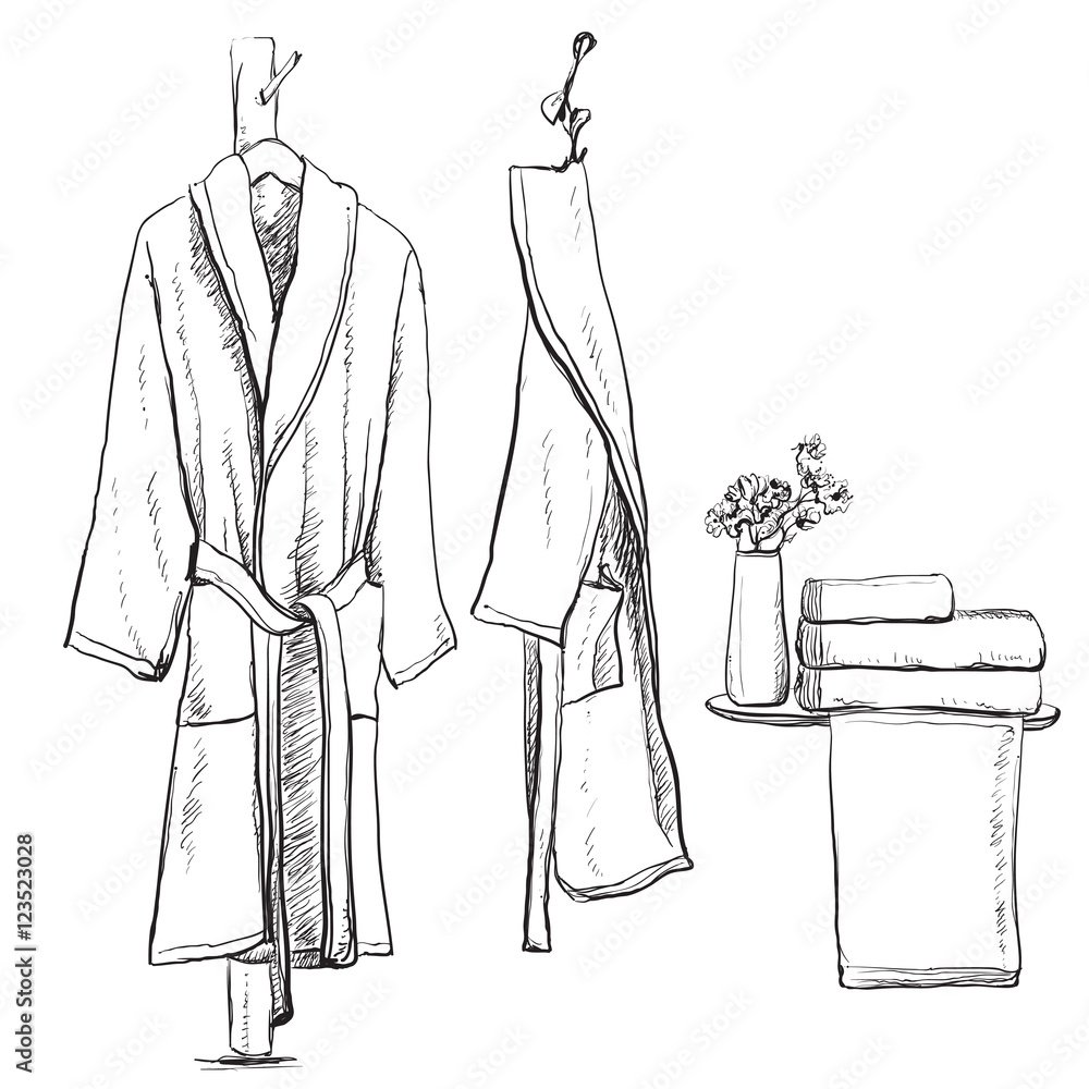 Robe for the shower, bathrobe, doodle style, sketch illustration, hand ...