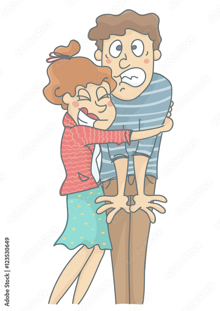 Woman suffocating man with love. Vector cartoon of woman hugging man ... Woman suffocating man with love. Vector cartoon of woman hugging man ...