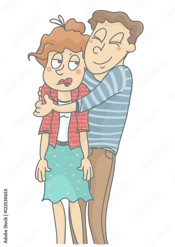 Man suffocating woman with love. Vector illustration of man hugging ...