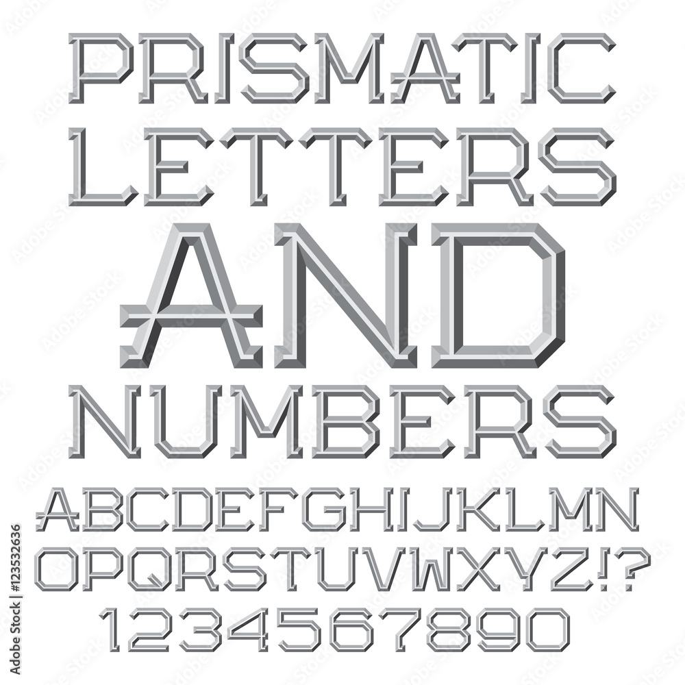 Gray faceted letters and numbers. Prismatic retro font. Isolated ...