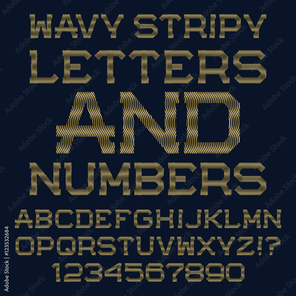 Golden wavy lines letters and numbers. Stripy font. Isolated english ...