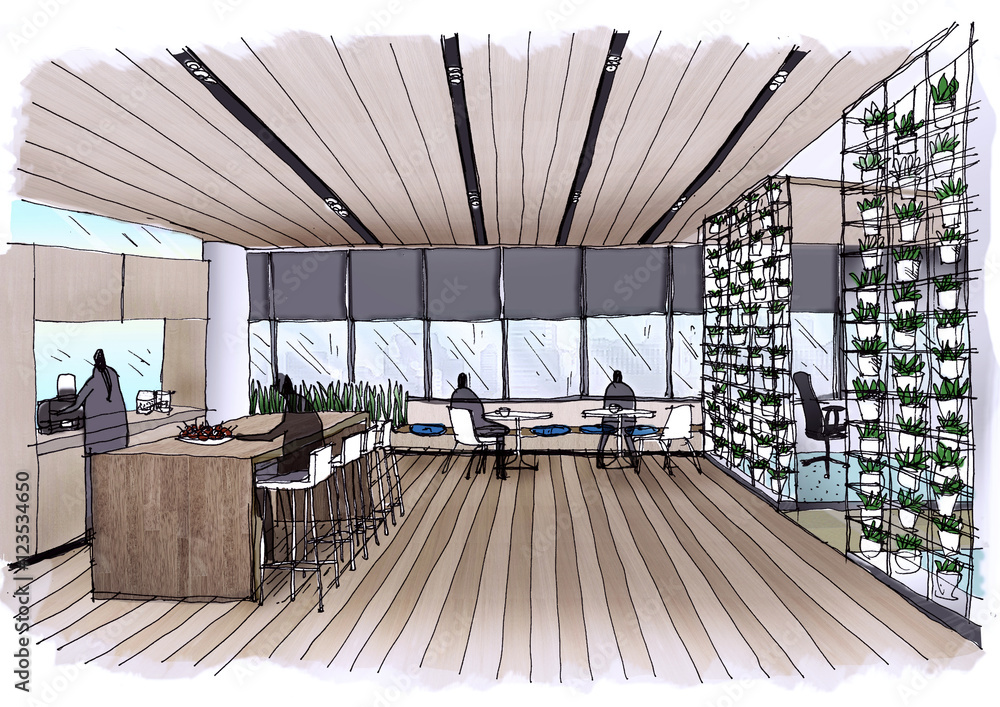Outline sketch drawing and paint of a interior space, office,Entrance ...
