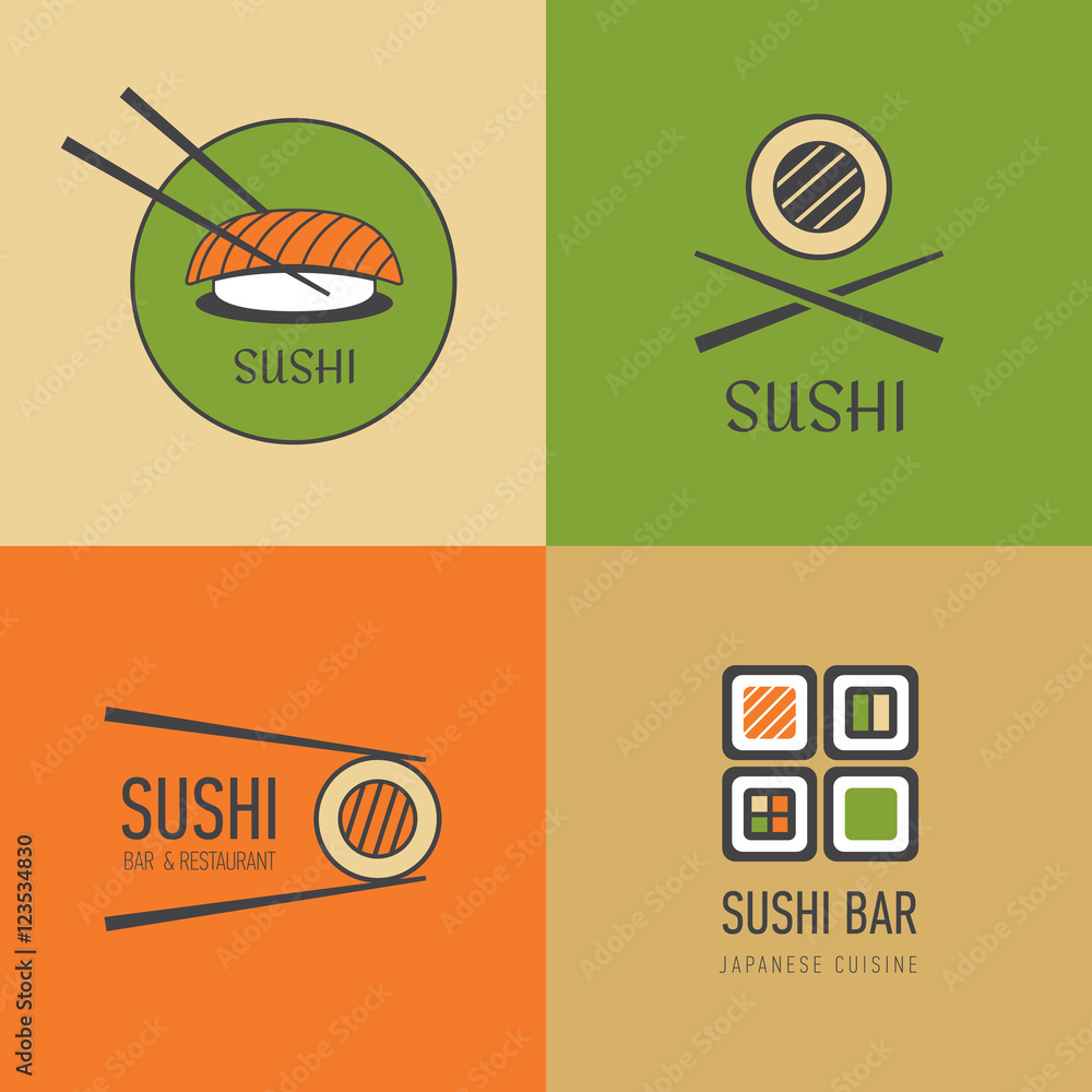 Sushi cafe logotypes vector set. Logo for Japanese restaurant or menu ...