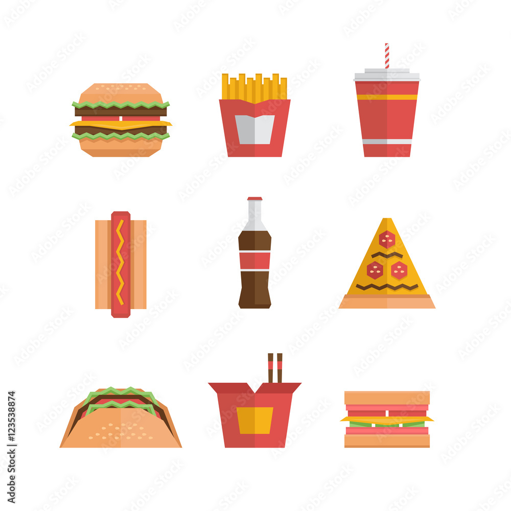 Fast food icon - hamburger, french fries, soda, pizza, hotdog, tacos ...
