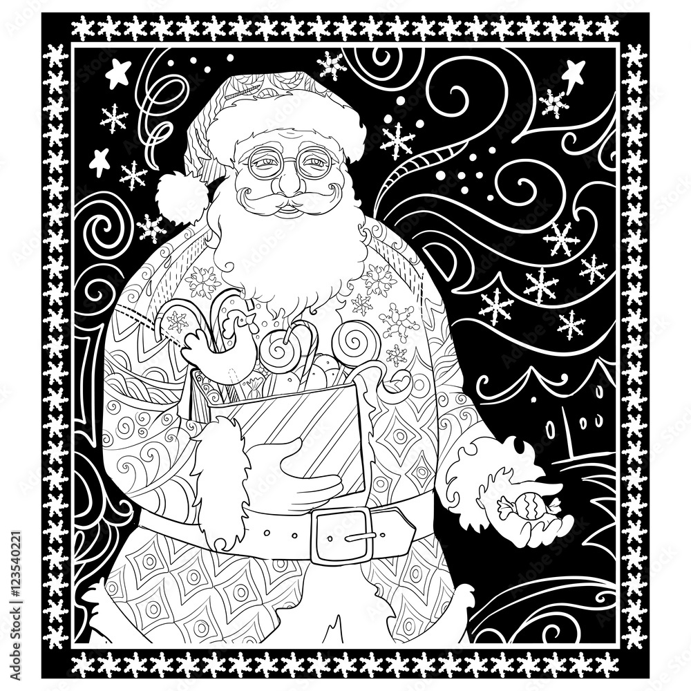 Santa Claus for adult coloring book. Christmas illustration in doodle ...