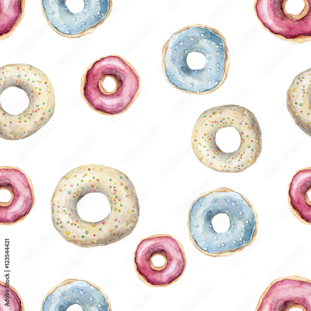 hand painted watercolor seamless pattern with glazed donuts isolated on ...