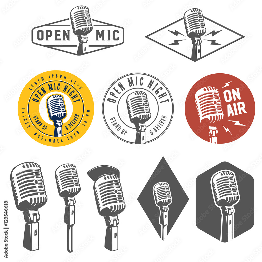 Set of vintage retro microphone emblems, labels and design elements ...