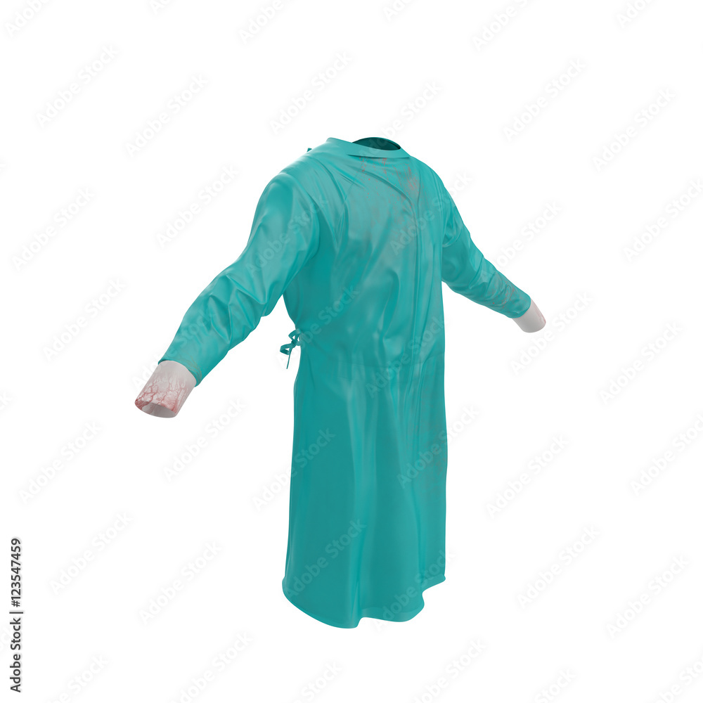 Green operation dress stained with blood isolated on white. 3D ...
