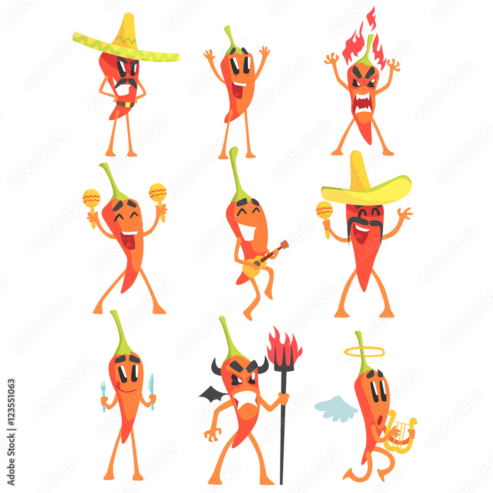 Chili Pepper Cartoon Character Emotion Illustrations Set Stock Vector ...