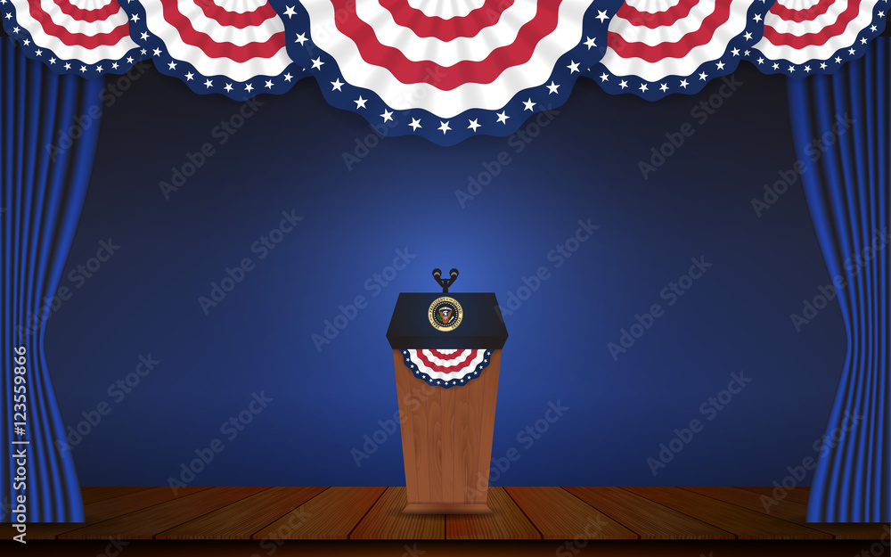 USA President podium on stage with semi-circle decorative flag on top ...