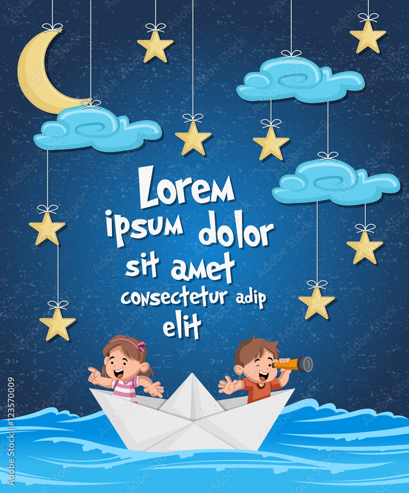 Kids inside a paper boat at night. Sky with moon, stars and clouds ...