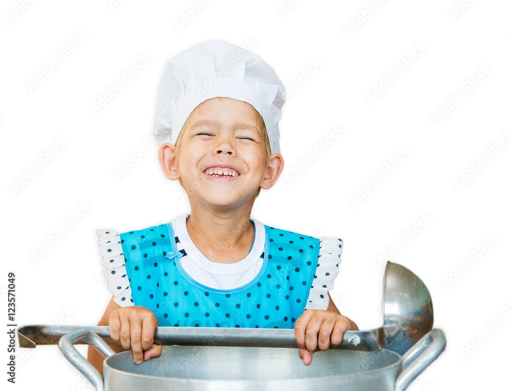 Little chef boy laughing happily ladle on white background Stock Photo ...