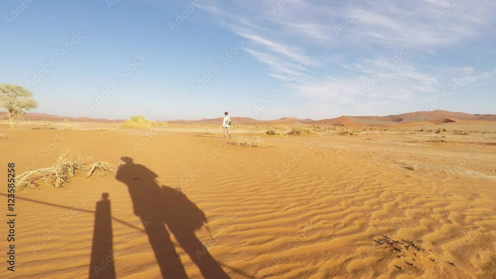 Tourist walking in the majestic Namib desert, Sossusvlei, Namib ...