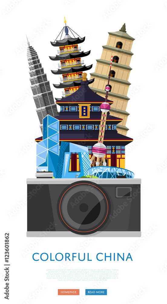 Colorful China poster, vector illustration. Big camera on background of ...