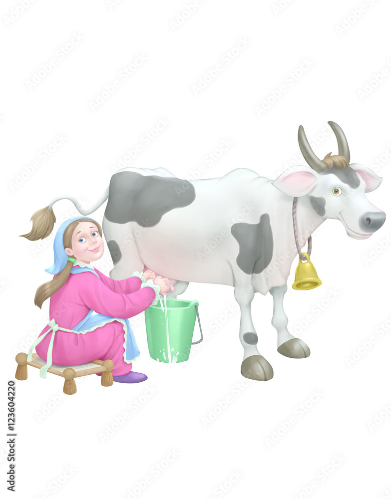 Milk lady with cow Stock Illustration | Adobe Stock