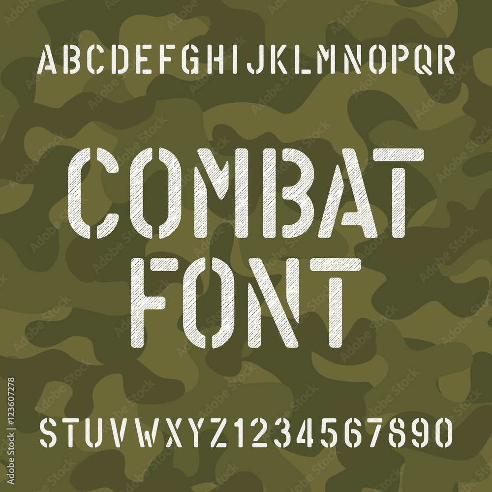Combat alphabet font. Scratched type letters and numbers on camo ...
