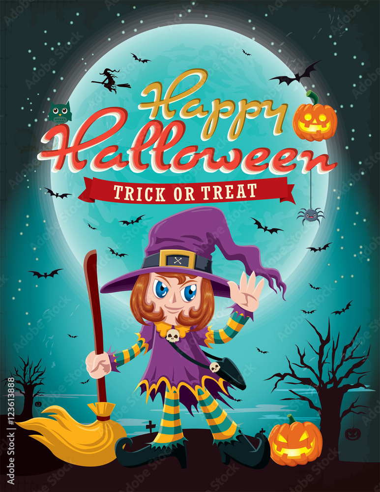 Vintage Halloween poster design with vector witch character. Stock ...