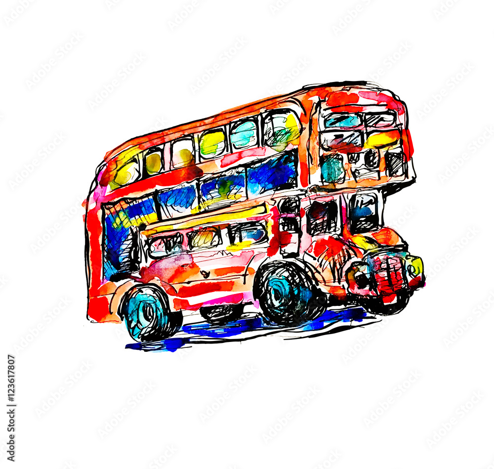 doodle watercolor sketch painting of London symbol - red bus Stock ...