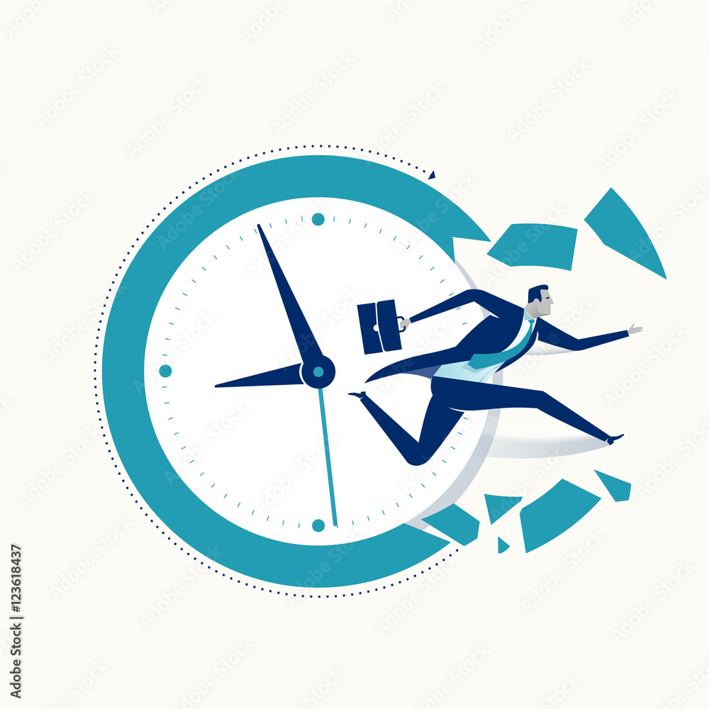 Breaking the time pressure. Businessman breaking a clock face. Business ...