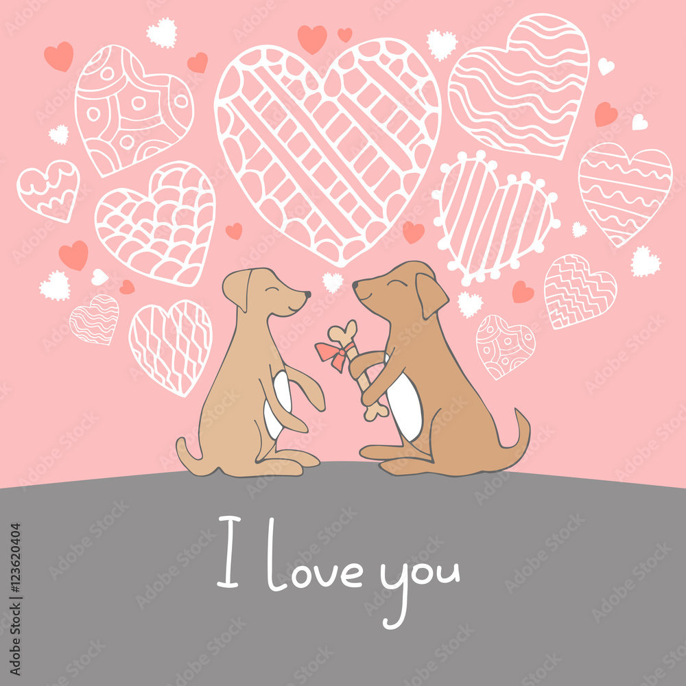 Cute cartoon hand drawn illustration with dogs in love. Vector ...