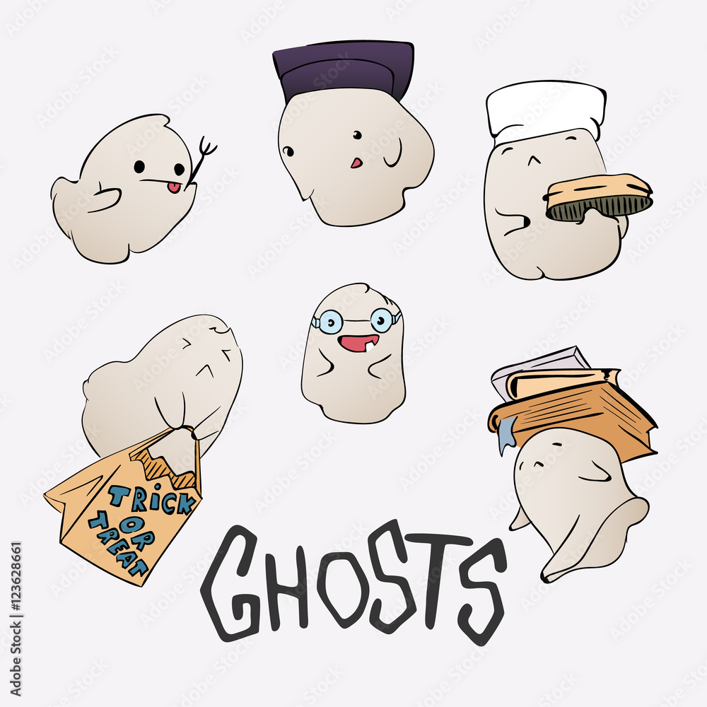 Cute ghost characters set. Halloween party hand drawn lettering and ...