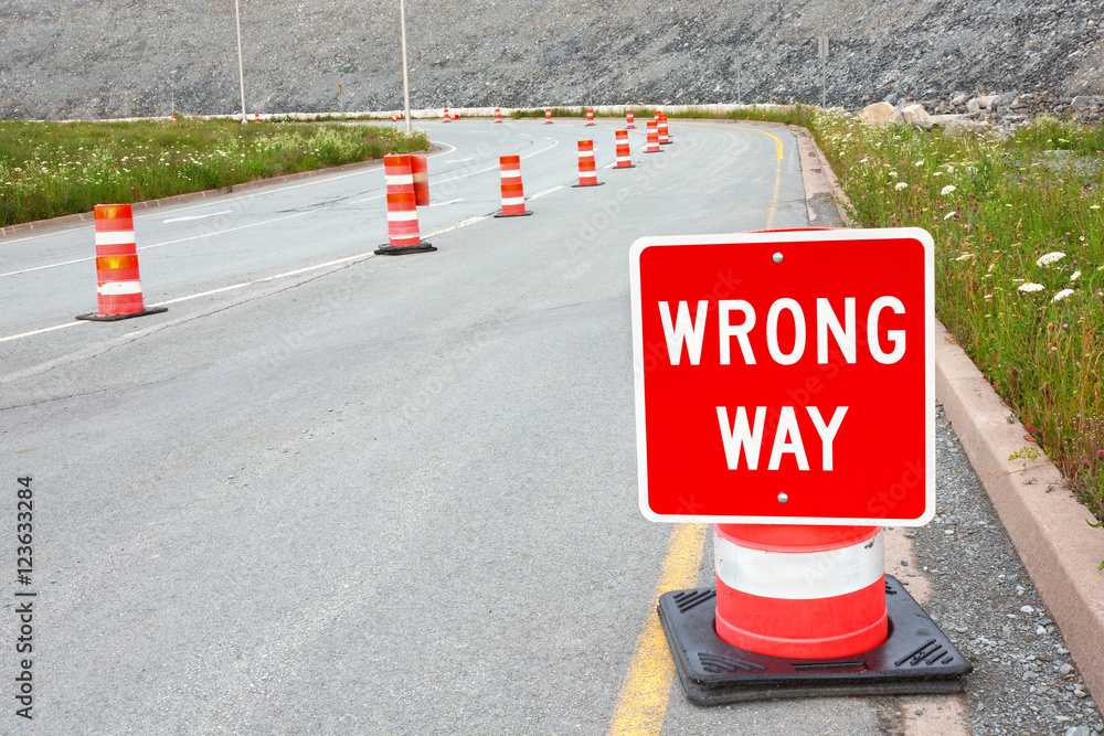 Wrong way traffic sign and safety cones. Stock Photo | Adobe Stock