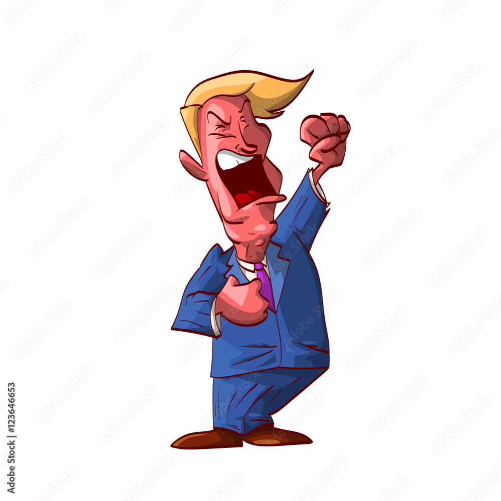 Colorful vector illustration of an angry male politician screaming and ...