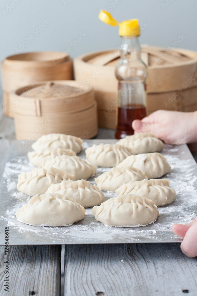 The process of making Asian dumplings. Female hands holding a tray of ...