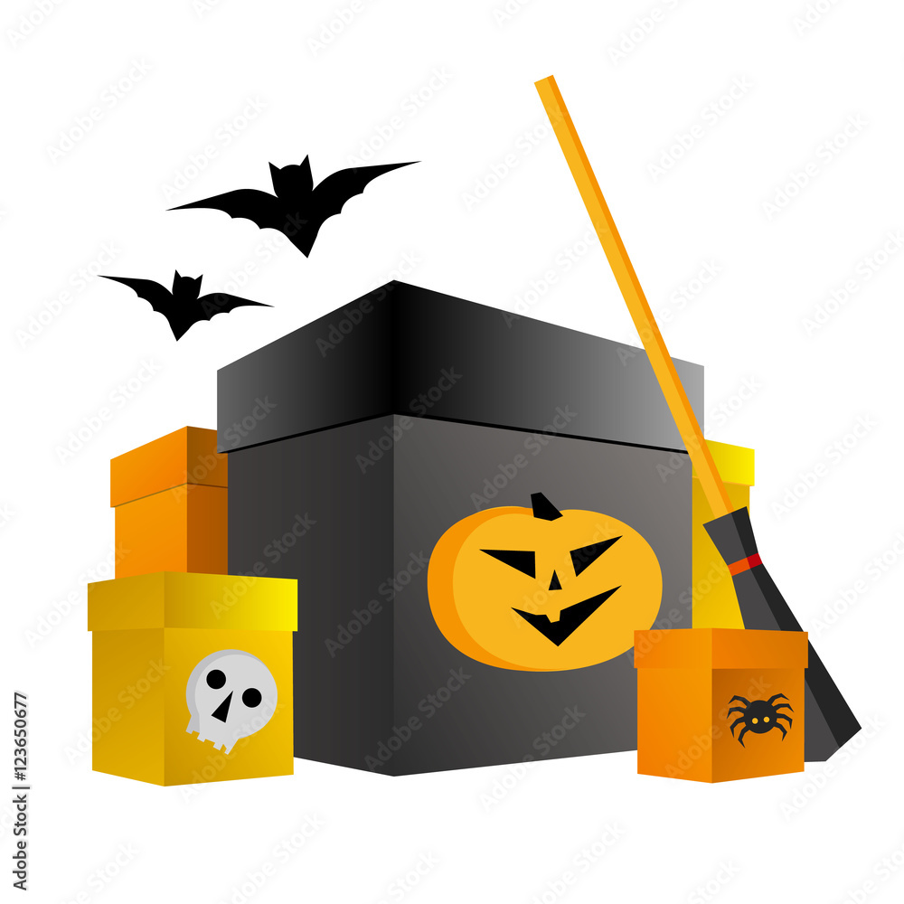 Halloween shopping. Present boxes in traditional colors with pumpkin ...