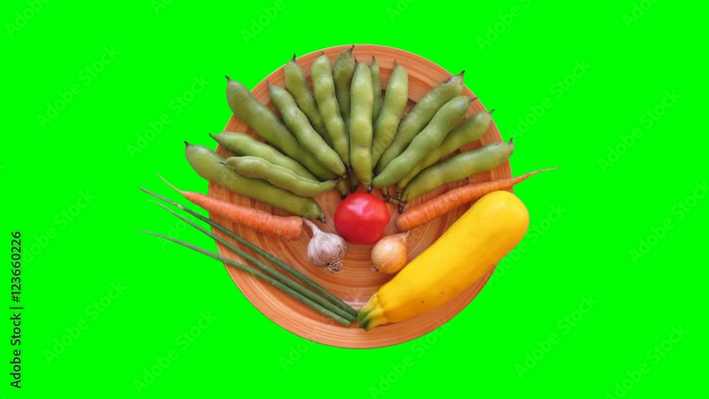 Vegetables appears on a Plate stop motion animation on green screen ...