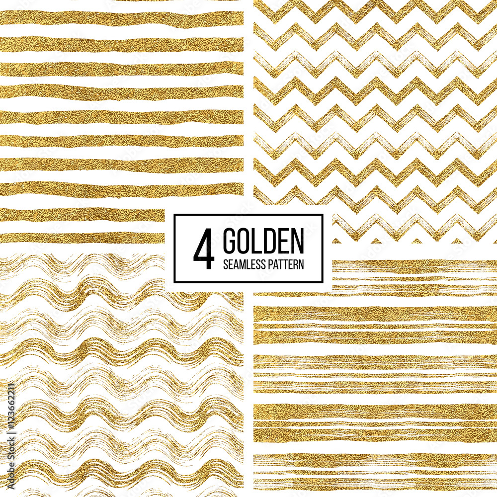 Set of seamless pattern of gold glitter stripes, zigzag chevron, wavy ...