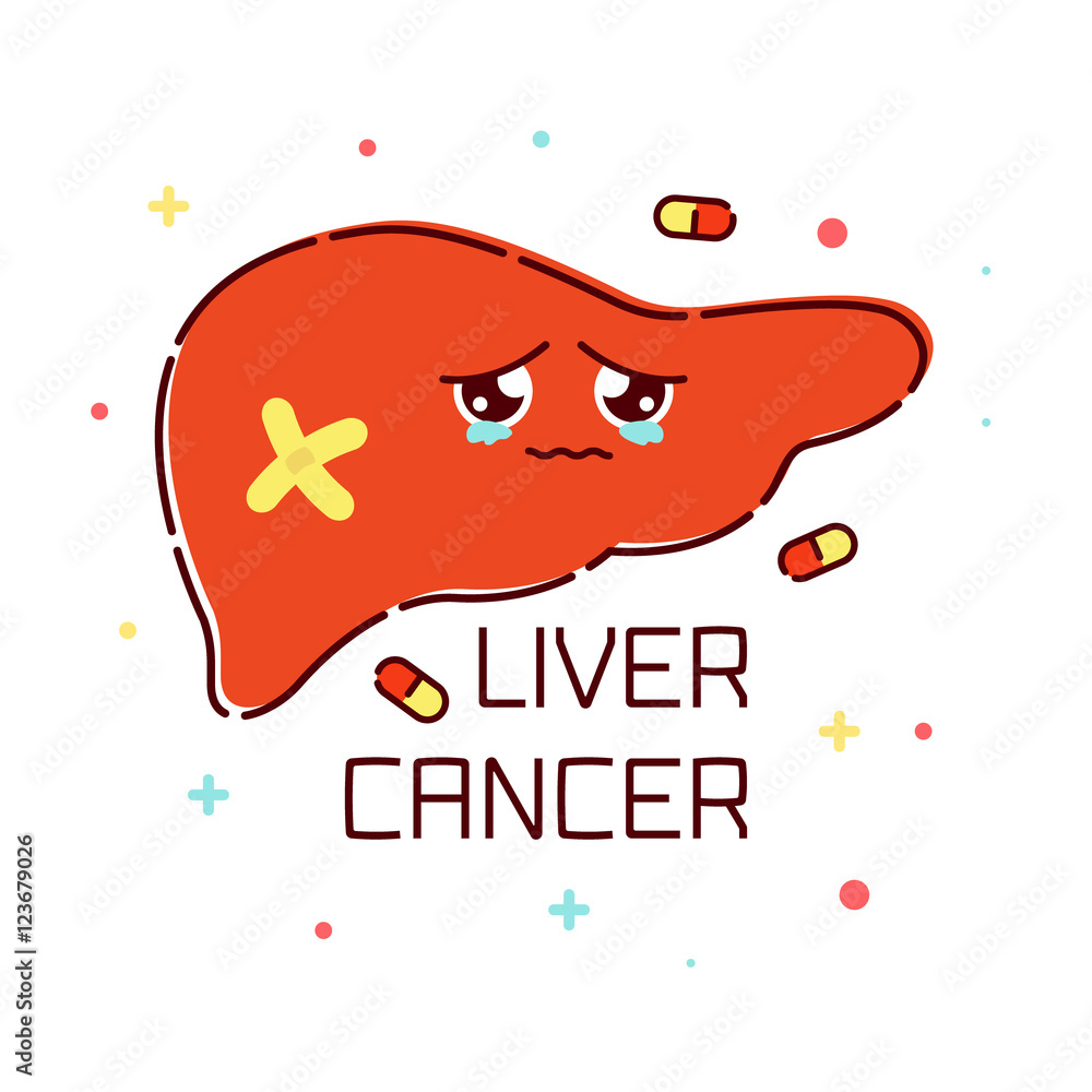 Liver cancer awareness poster with sad cartoon liver character on white ...