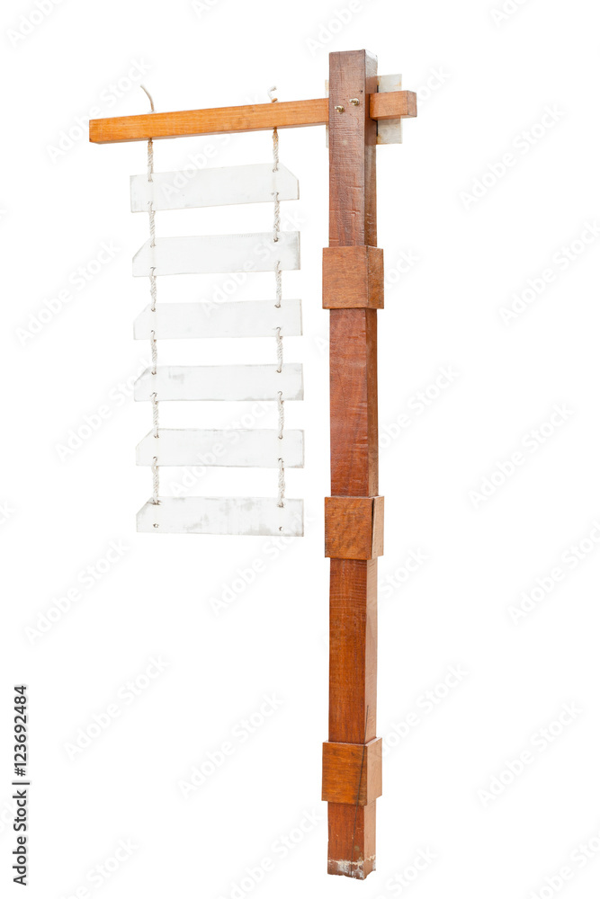 Wooden sign hang on wooden posts isolated on white background with ...