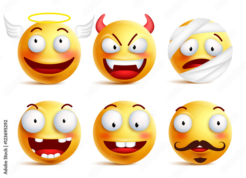 Set of vector smileys with funny faces like angel, demon, patient ...