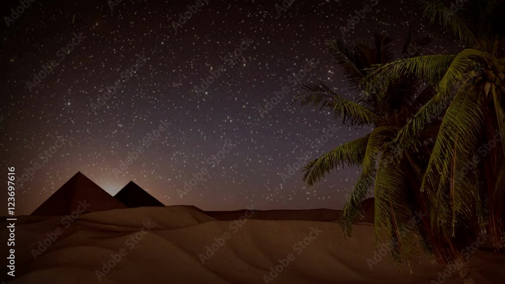 Seamless animation desert sand storm at night with palm trees, shining ...