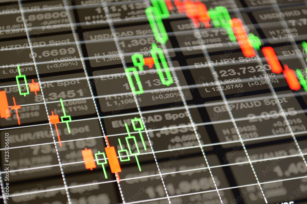 Finance, business, forex background. Collage with abstract candle chart ...