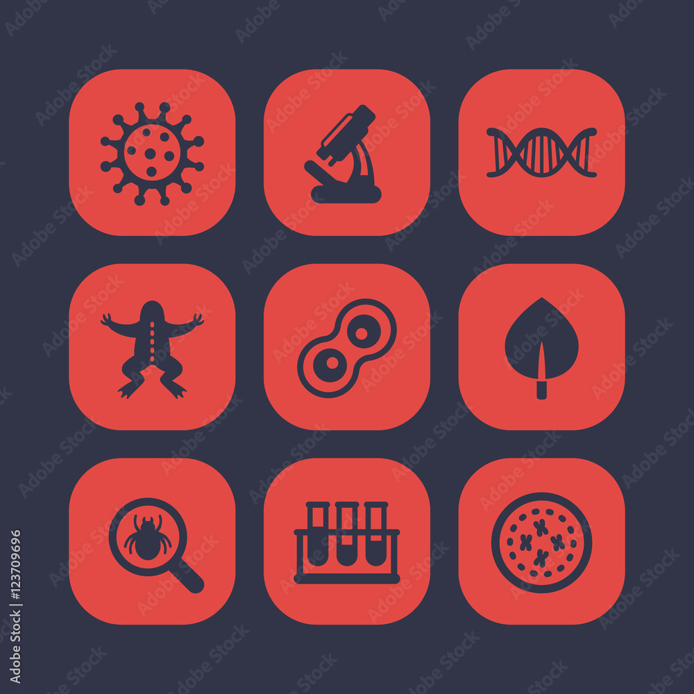 Biology icons set, cell, microscope, test-tubes, virus, microbe ...