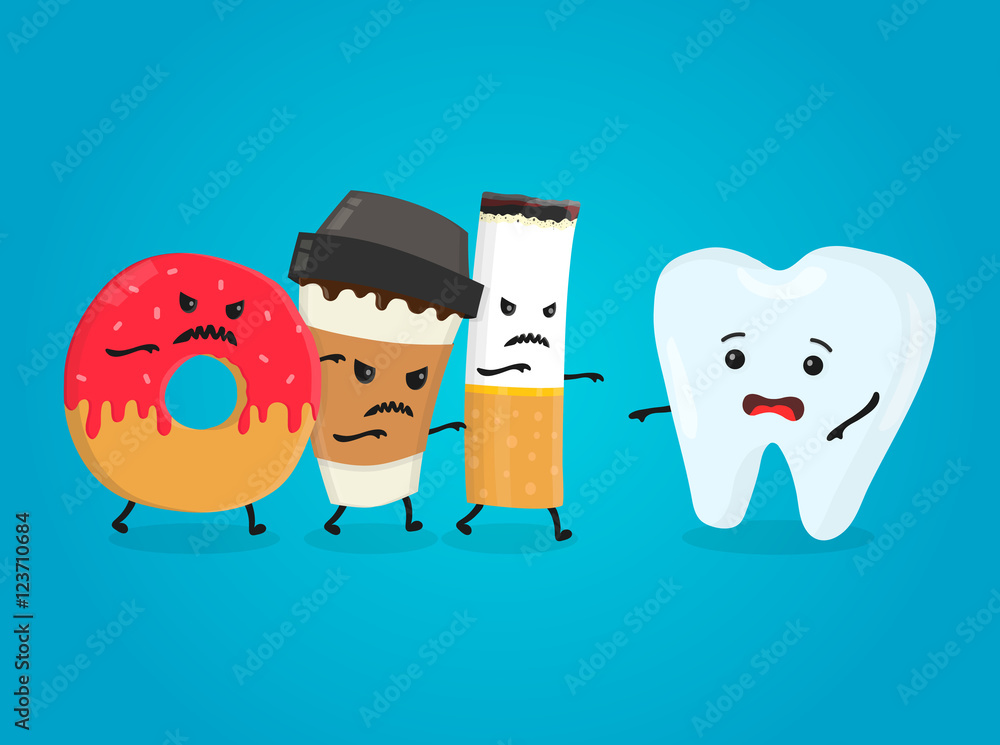 Angry donut, coffee paper cup and cigarette kill healthy tooth ...