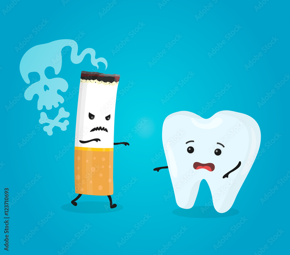 Tooth and cigarette characters. Decayed healthy tooth problem with ...