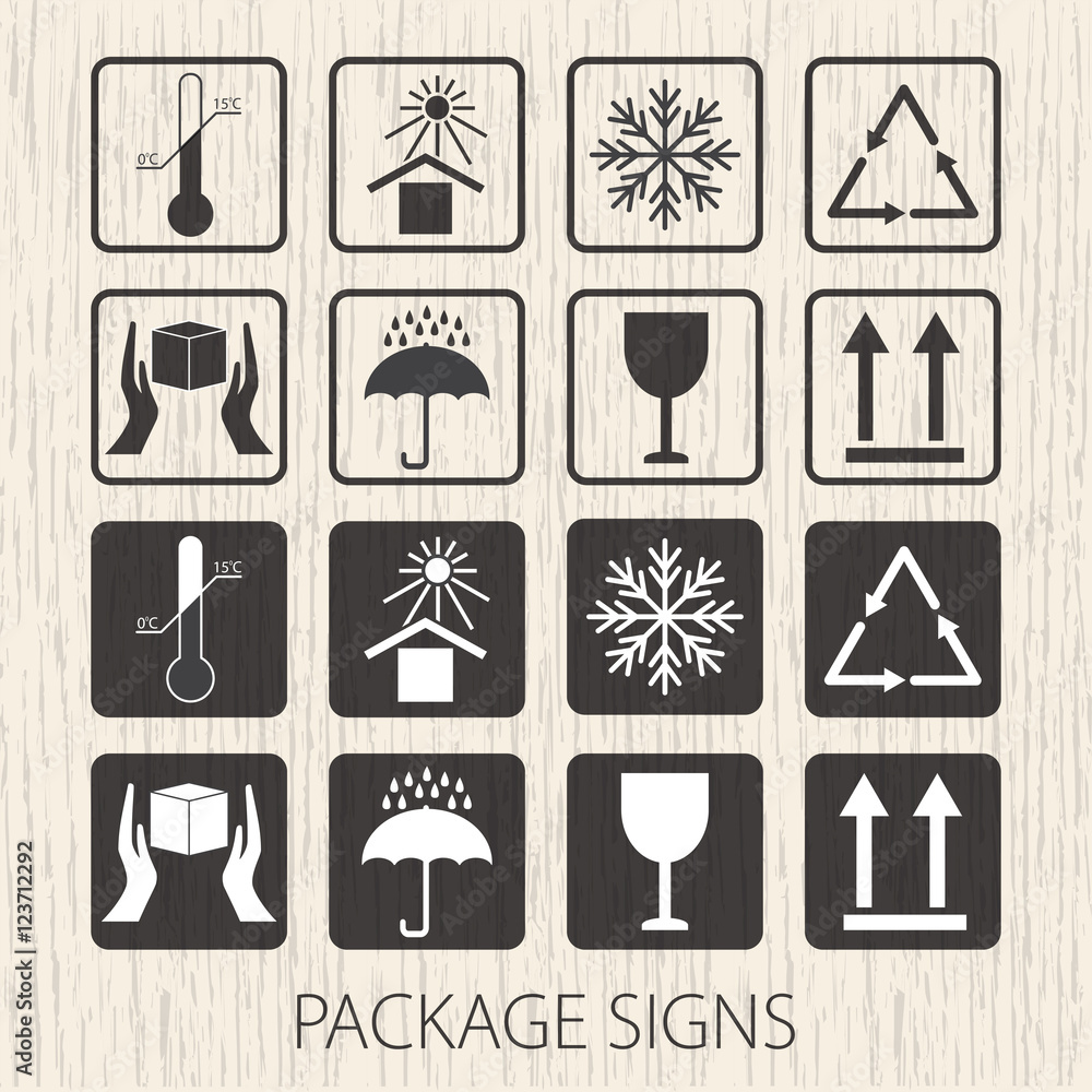 Vector packaging symbols on vector wooden background. Icon set ...