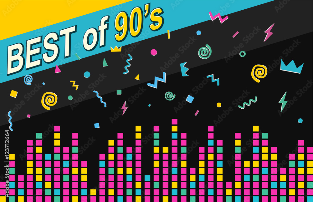 Retro musical poster, best of 90s. Sound waves, equalizer scale on dark ...