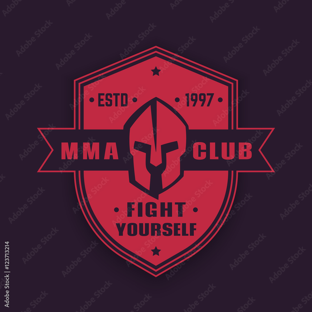 MMA Club vintage emblem, badge, logo with spartan helmet on shield ...