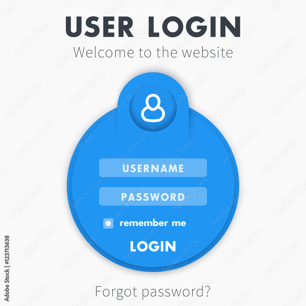 User Login window, login page design for website on round blue shape ...