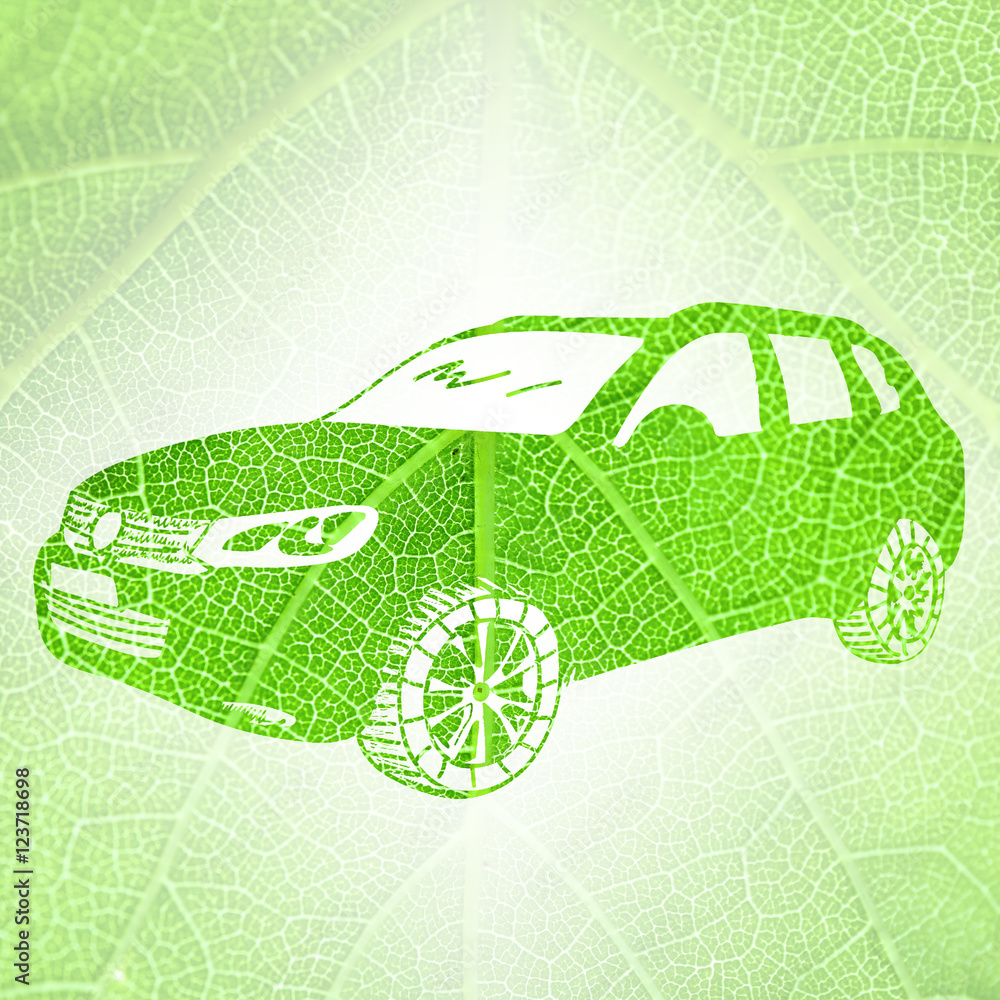 Silhouette of car on green leaf texture background. Eco-friendly ...