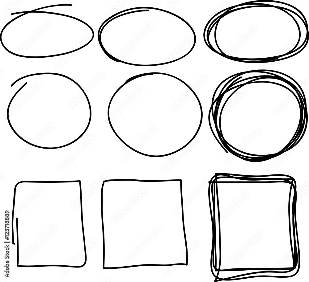 Hand drawn scribble, set of circle and square doodle frames, isolated ...