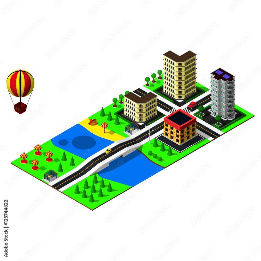 3d map. Isometric landscape. Map includes beach, river, bridge, car ...